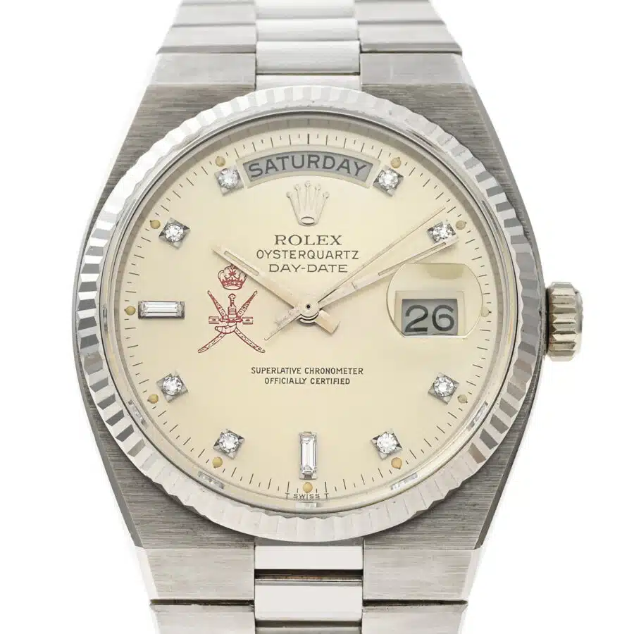 Rolex Day-Date Oysterquartz 19019 18K White Gold Oman Logo Diamond dial ...