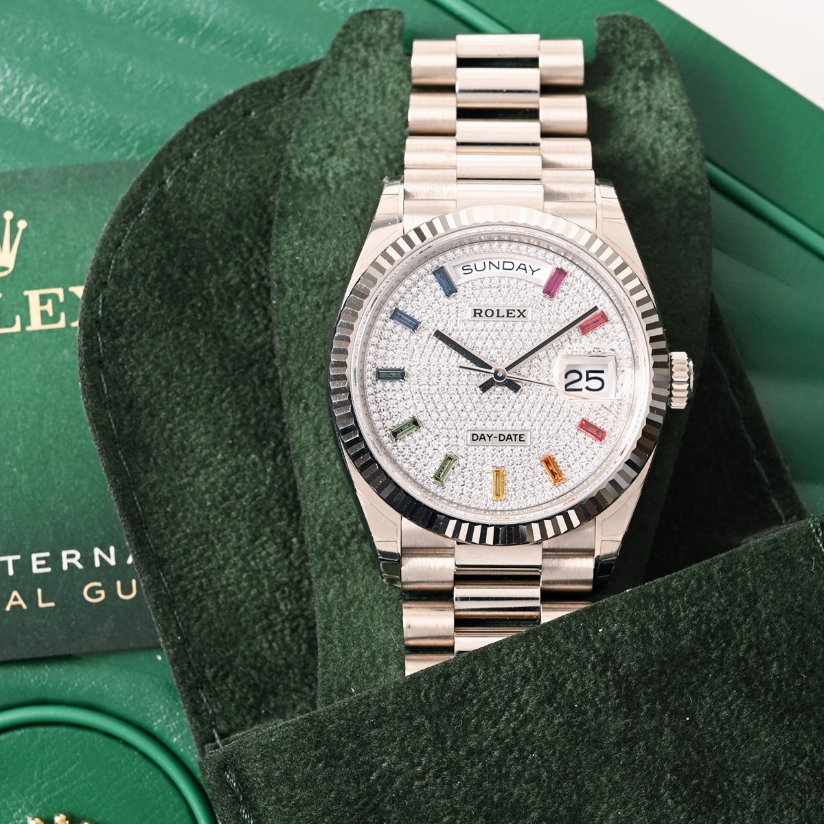 Rolex Day-Date 36 128239 18k White Gold President Pavé Diamond Rainbow ...